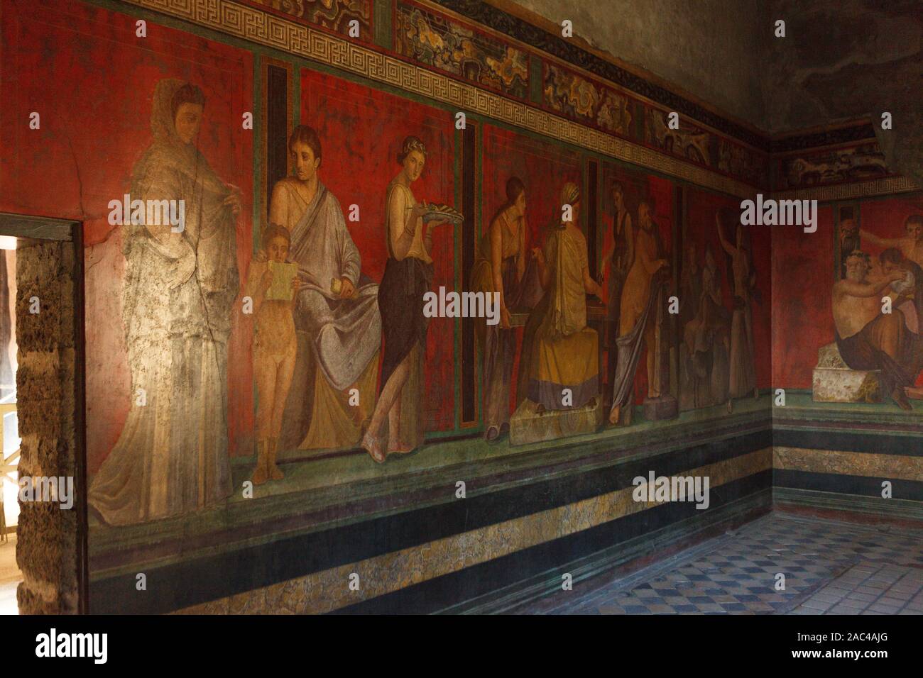 Fresco on walls of villa of the mysteries in Pompeii (Pompei). Ancient ...