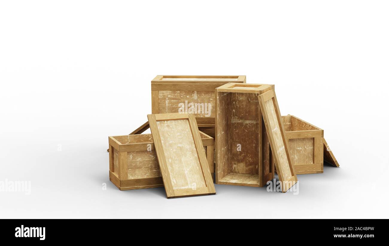 Five wood transport box on the floor with three was opened on a white ...