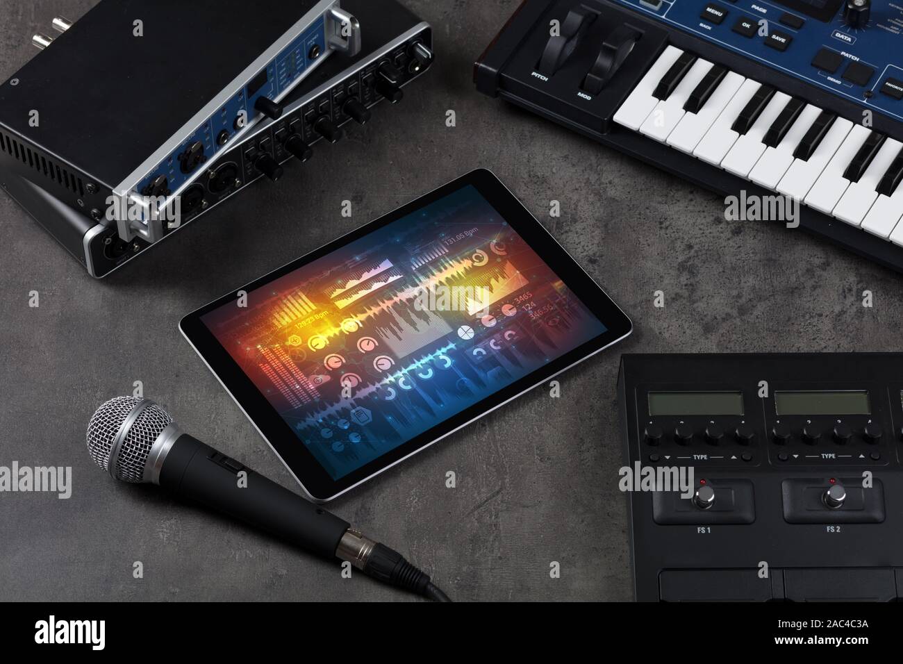 Electronic music instruments, microphone, piano, consoles and tablet ...