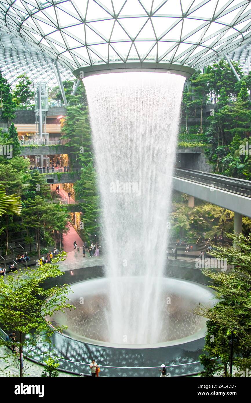 Full view of the Jewel at Changi waterfall at Changi Airport, Singapore ...