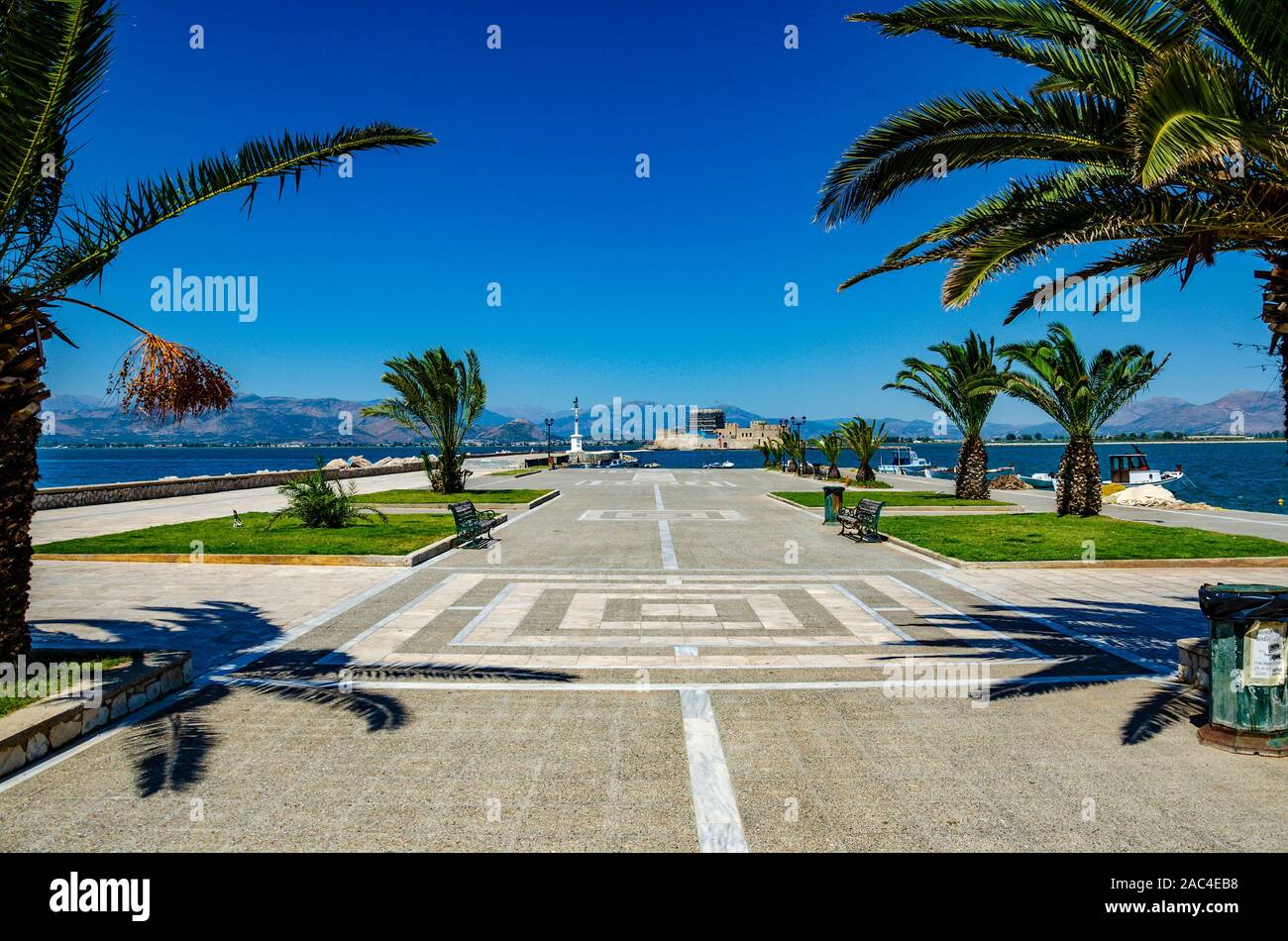 Panoramic view from the waterfront of the coastal city of Nafplio ...