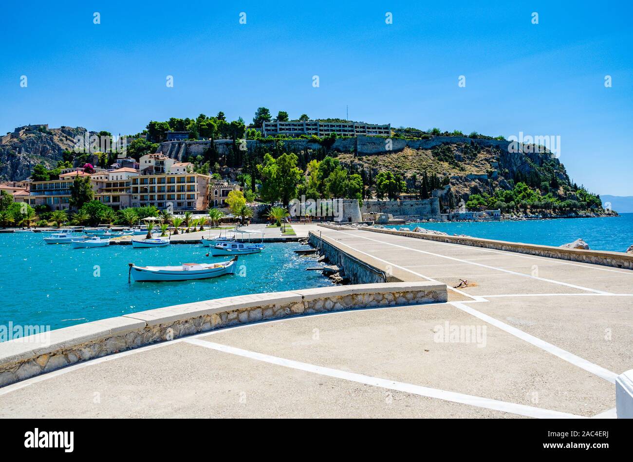 Panoramic view from the waterfront of the coastal city of Nafplio ...
