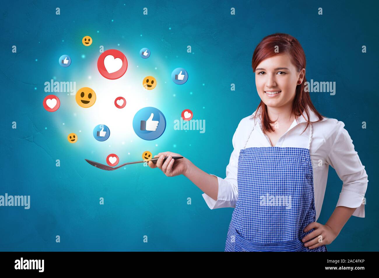 Young happy person cooking social media concept in wok Stock Photo - Alamy