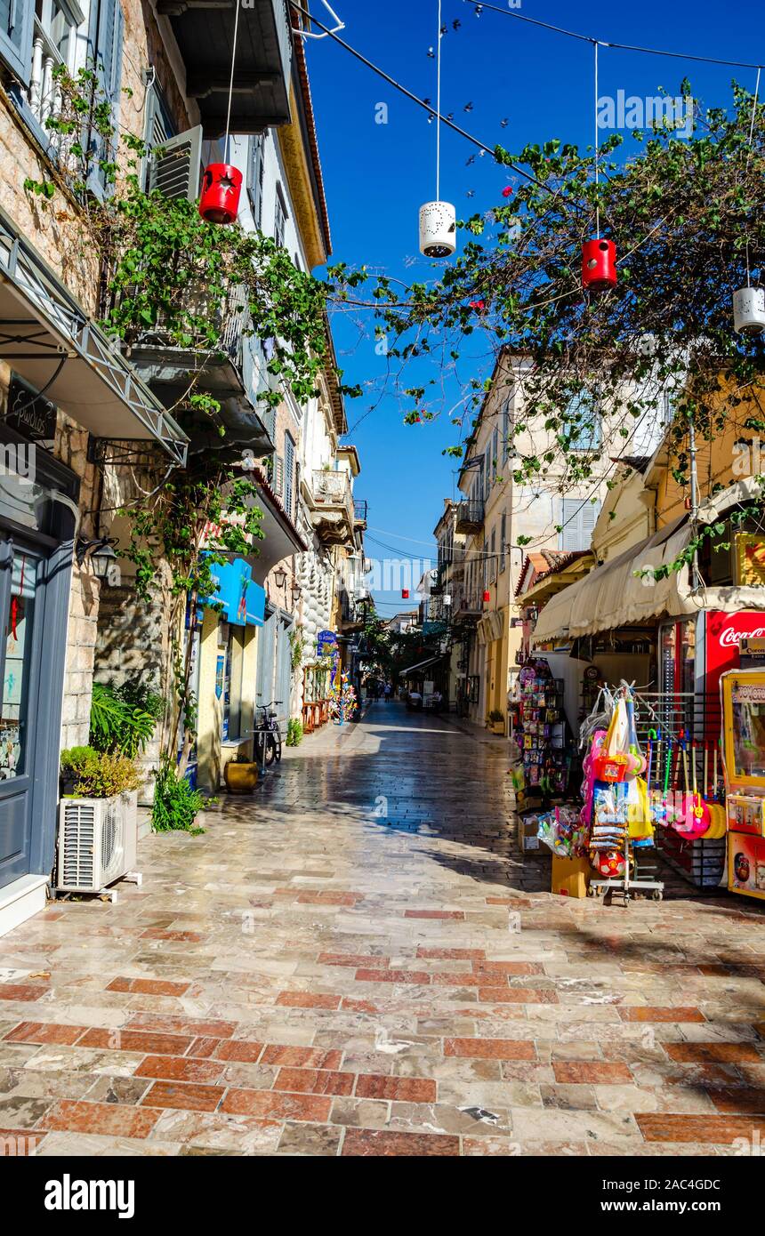 The beautiful narrow streets of Nafplio city. Nafplion is a nice ...