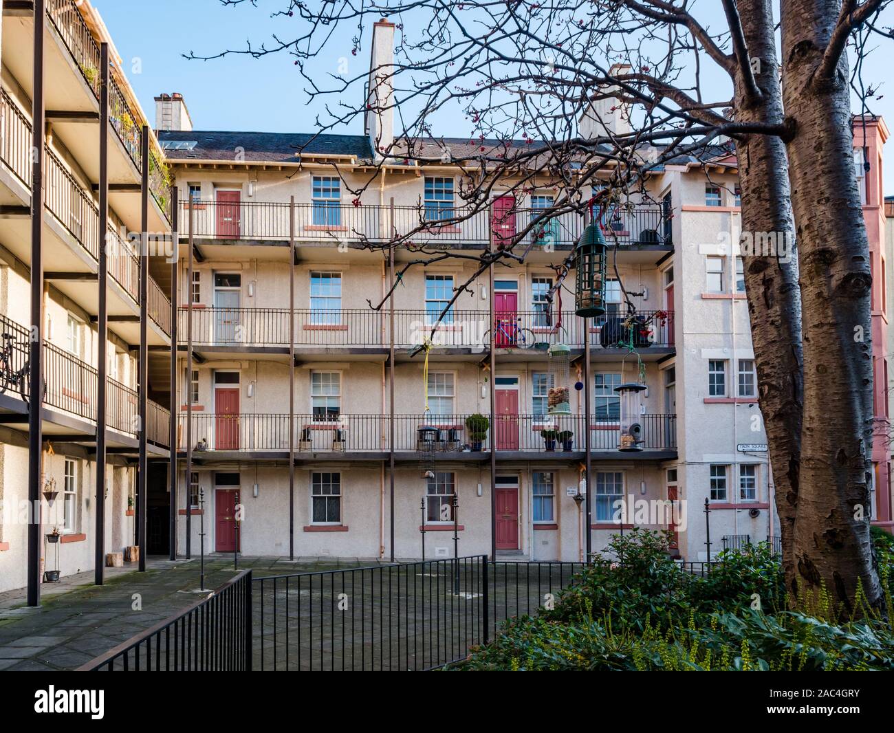 Old balconied tenement flats, Tron Square, Edinburgh, Scotland, UK ...