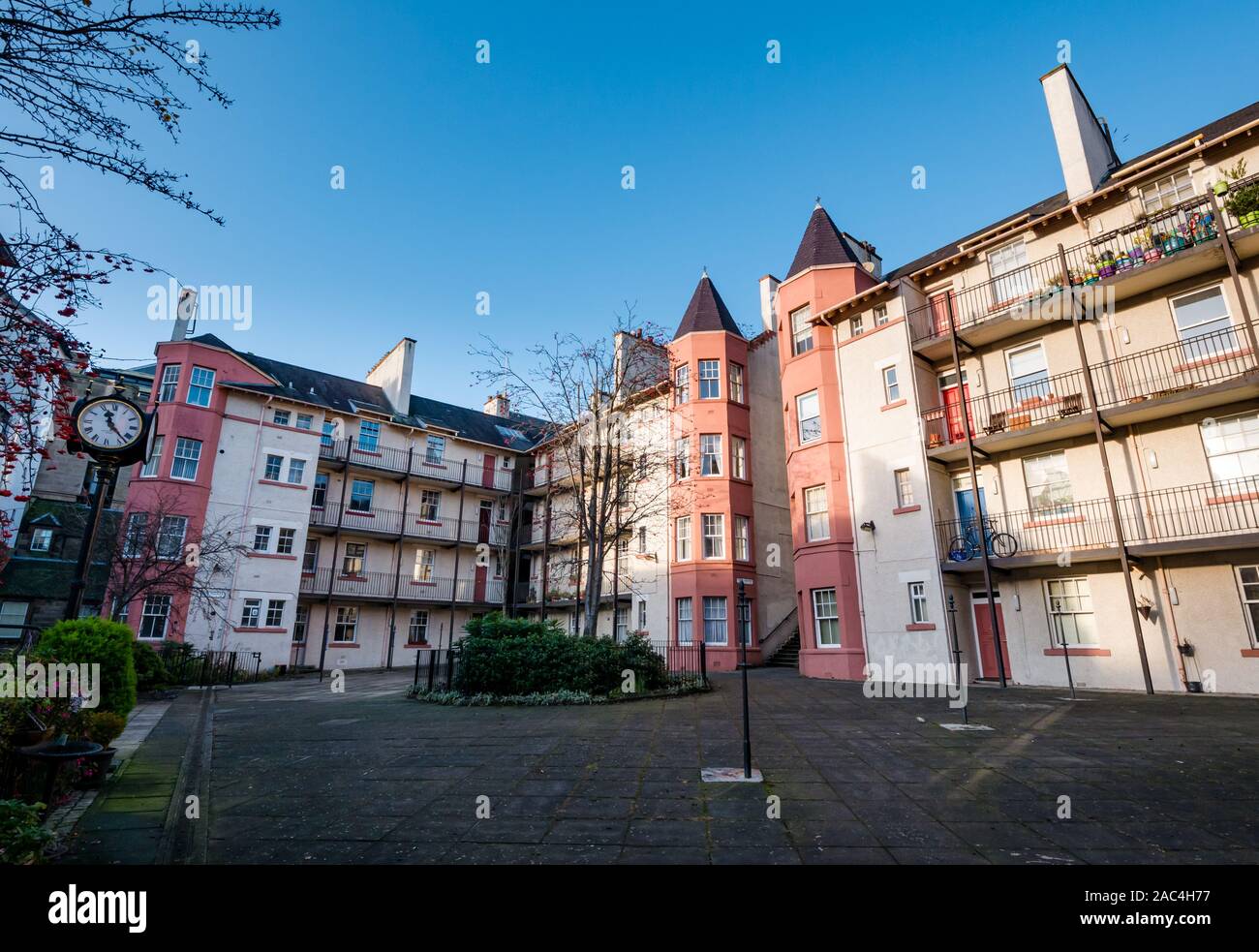 Old balconied tenement flats, Tron Square, Edinburgh, Scotland, UK ...