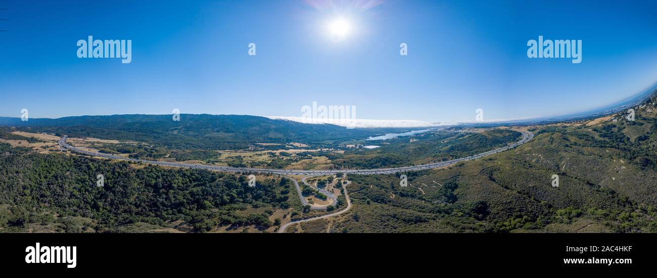 Aerial view of highway 280 early morning traffic surrounded by ...