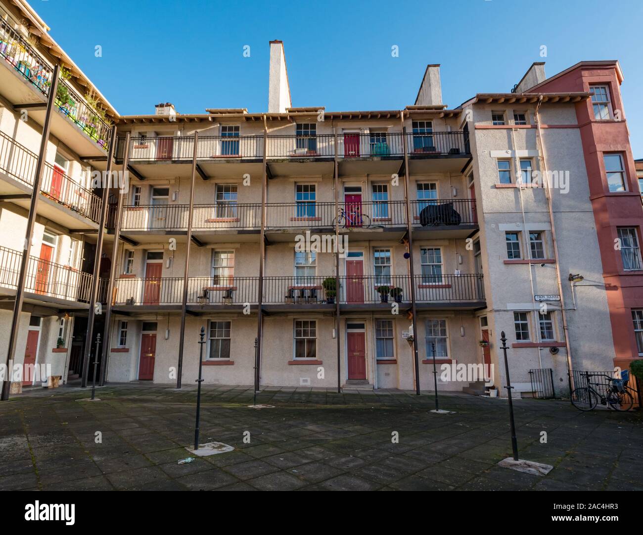 Old balconied tenement flats, Tron Square, Edinburgh, Scotland, UK ...