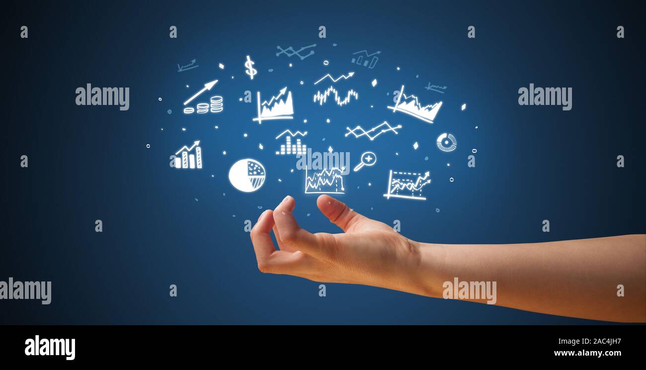 Hand holding application icons and symbols in her hand Stock Photo - Alamy