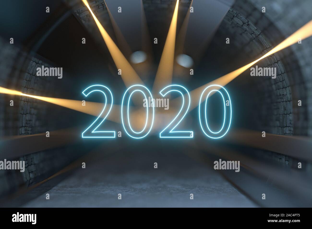 2020 new year with industrial tunnel background, 3d rendering. Computer ...