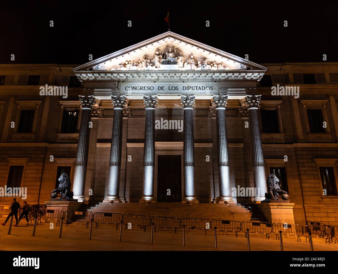 Illuminated facade of the Spanish Parliament building in Madrid at ...