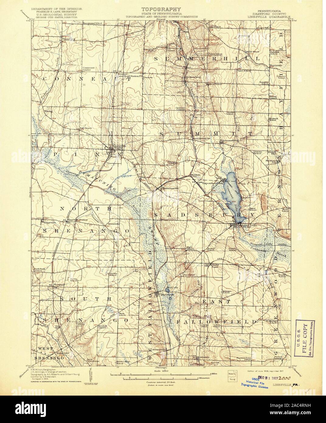 USGS TOPO Map Pennsylvania PA Linesville 170158 1908 62500 Restoration ...