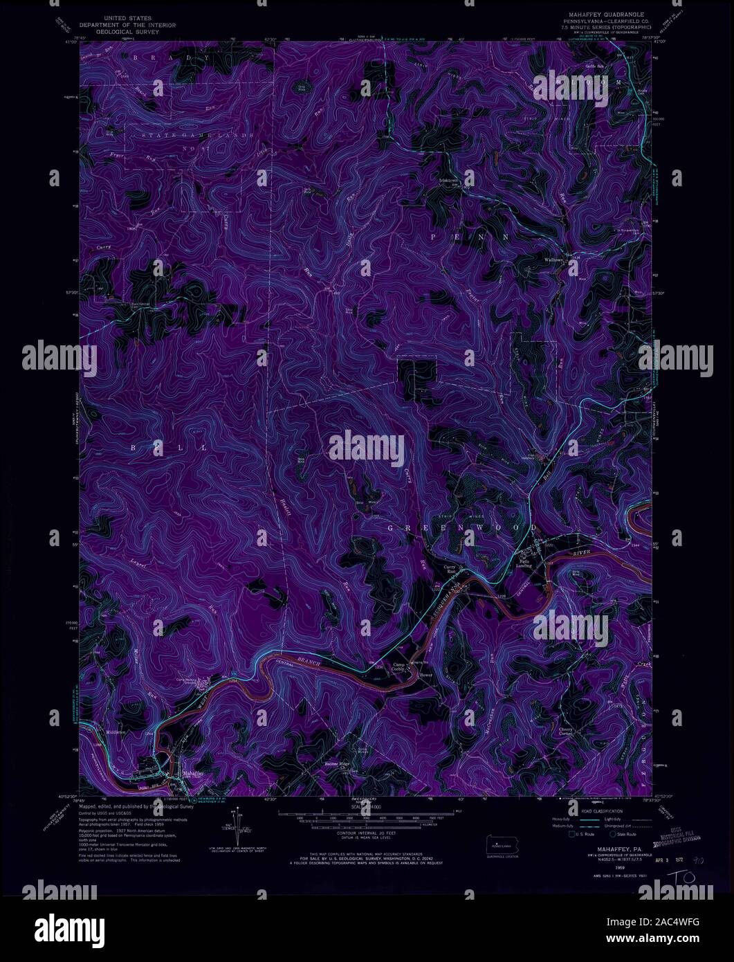 USGS TOPO Map Pennsylvania PA Mahaffey 172052 1959 24000 Inverted ...