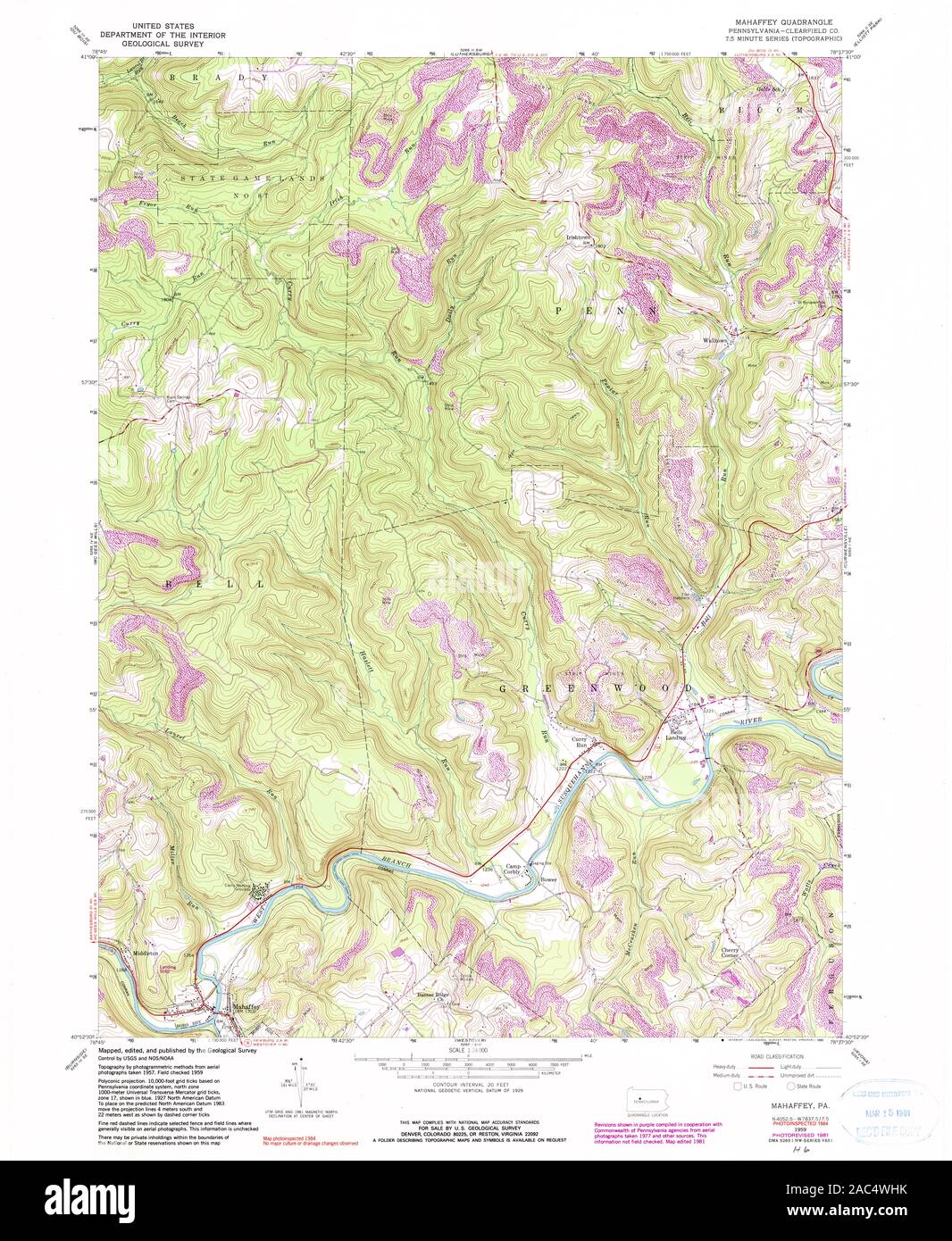 USGS TOPO Map Pennsylvania PA Mahaffey 222676 1959 24000 Restoration ...