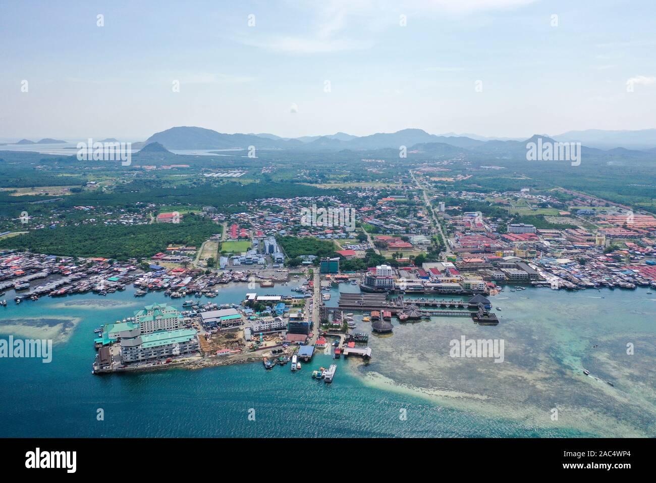 Aerial view partial of Semporna, Sabah major town. The popular town ...