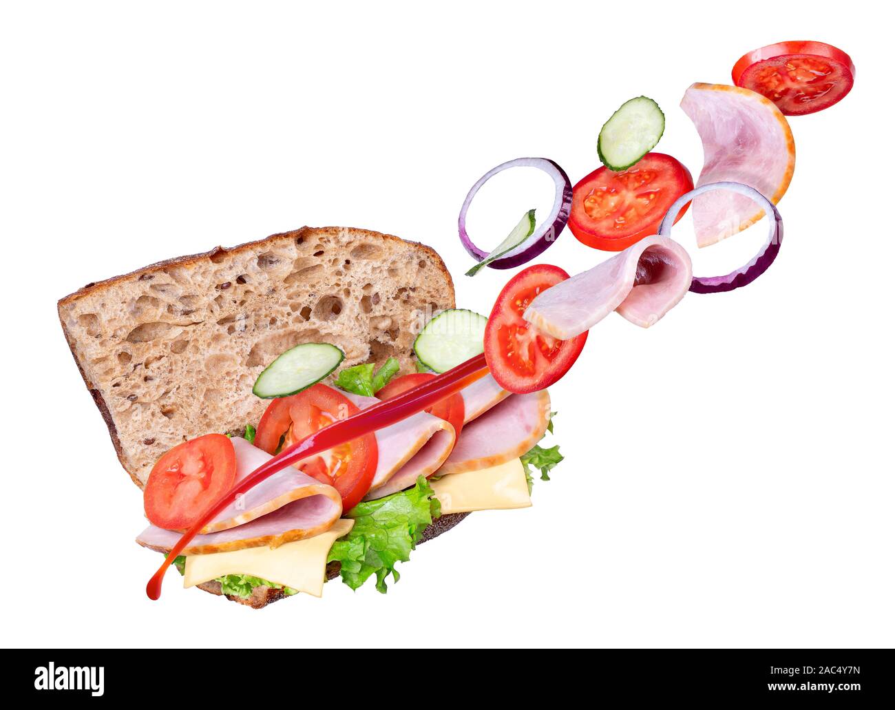 sandwich with falling in bread ham and splashing ketchup. Fast food ...