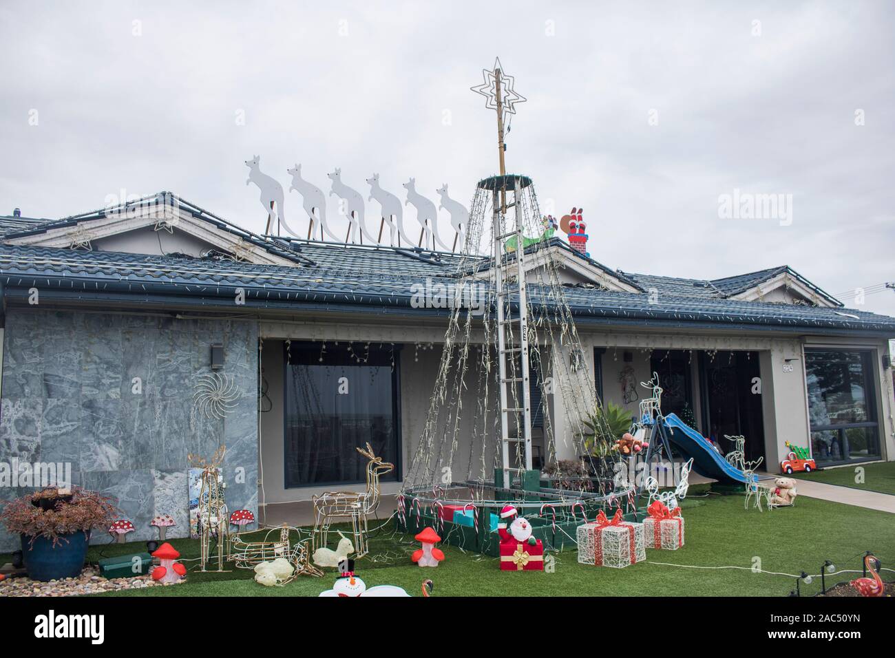 Adelaide, Australia 1 December 2019. A house decorated with six white ...