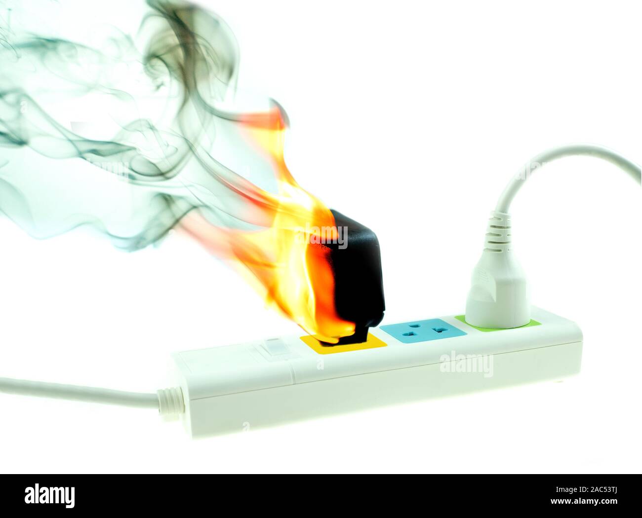 The fire is burning adapter charger plug receptacle on white background ...