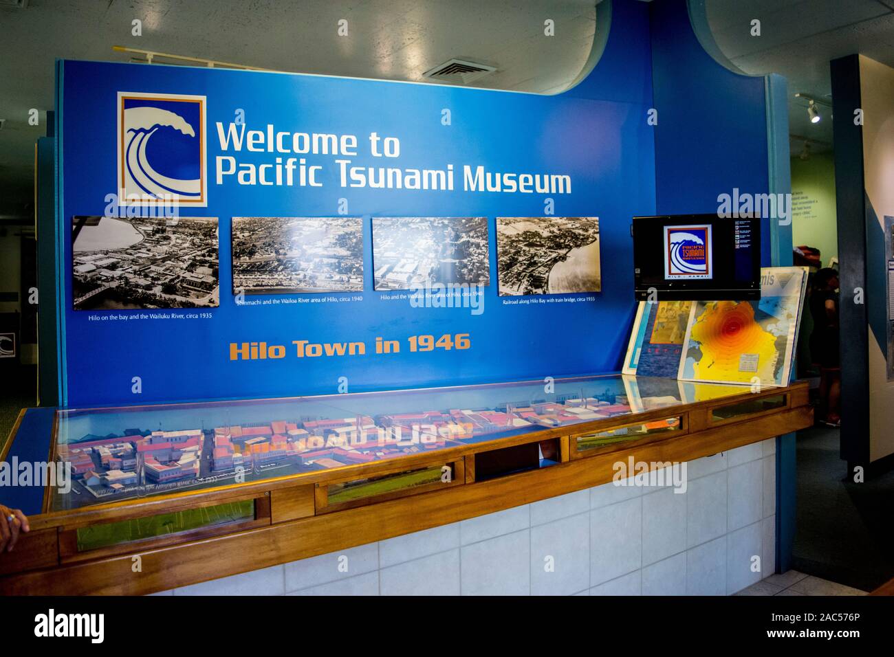 Signage at the entrance of the Pacific Tsunami Museum in downtown Hilo ...