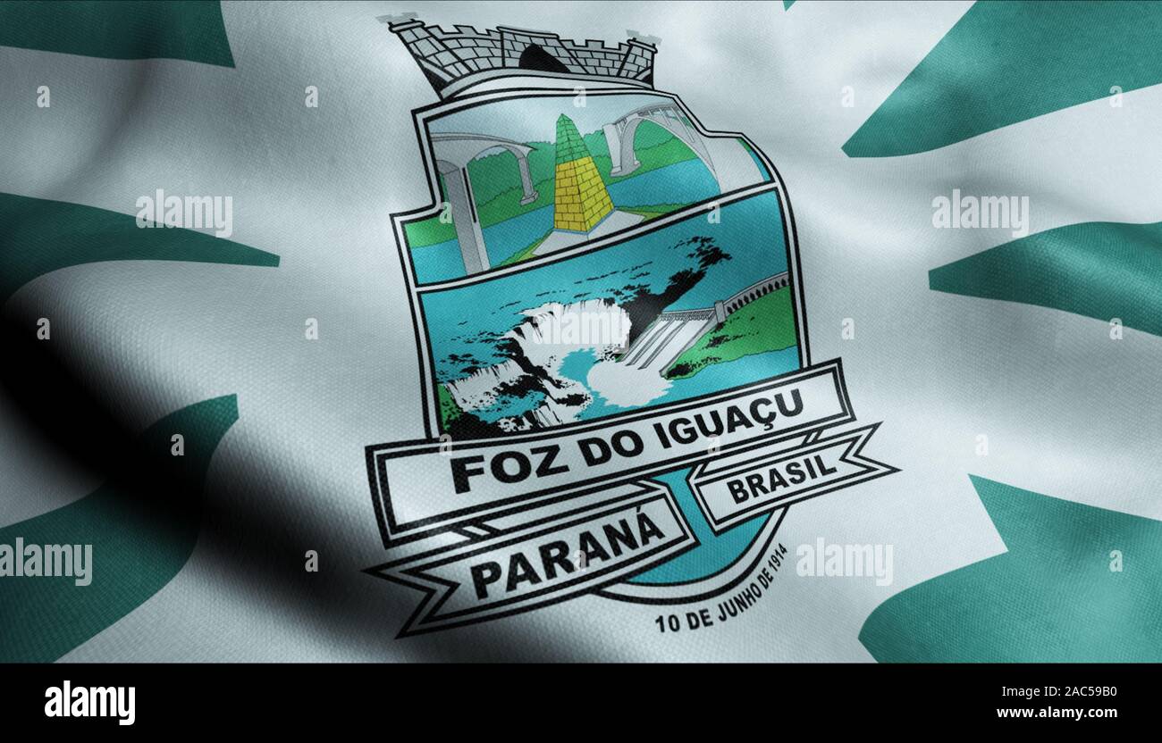 3D Waving Brazil City Flag of Foz do Iguacu Closeup View Stock Photo ...