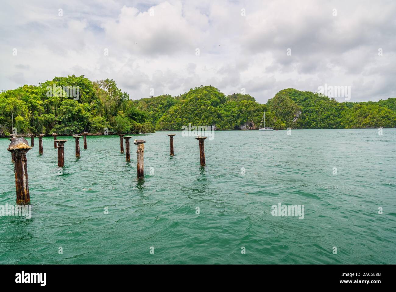 Luxury boat anchored close to exotic tropical forest. small islets ...