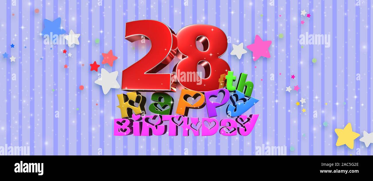 Happy Birthday 28 th 3d illustration Blue background with glittering ...