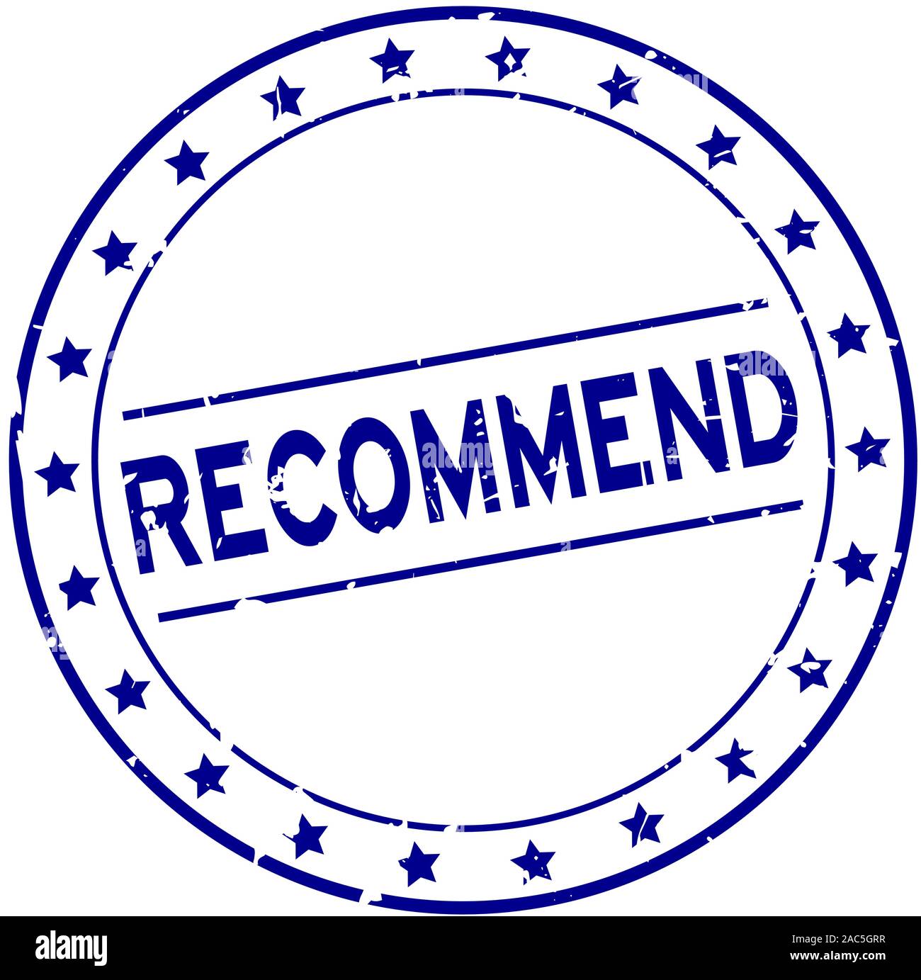 Grunge blue recommend word with star icon round rubber seal stamp on ...