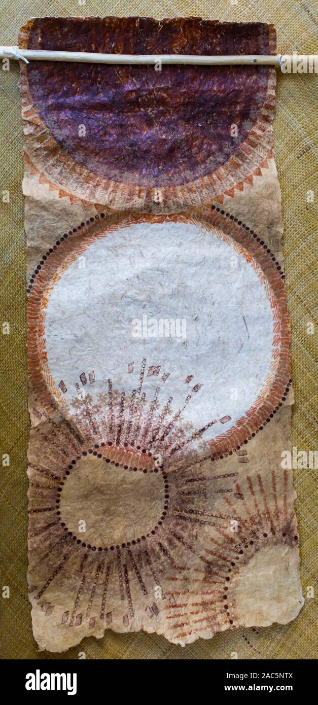 A close-up view of tapa (or kapa) cloth after it has been dyed and ...