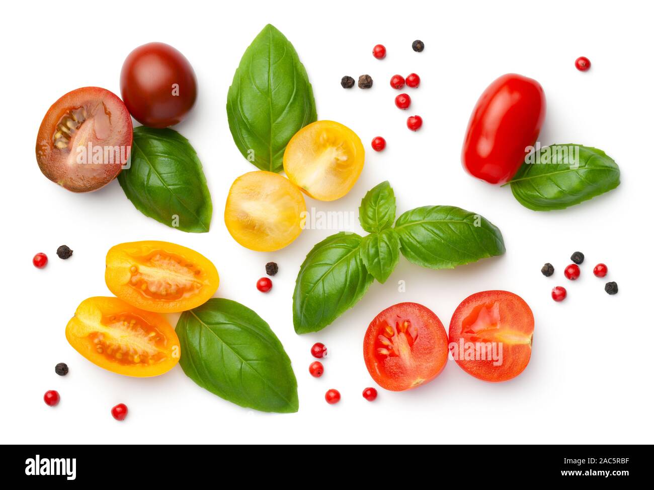 Cherry tomatoes composition isolated on white background. Red, yellow ...
