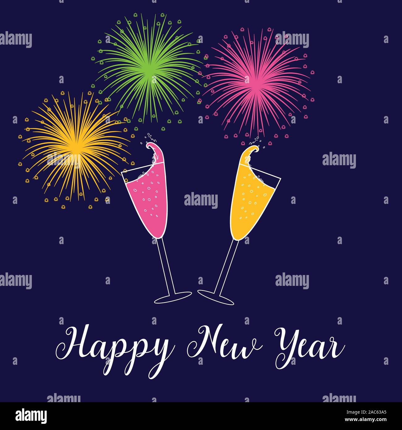 Vector placement print Happy New Year with bright fireworks , champagne ...