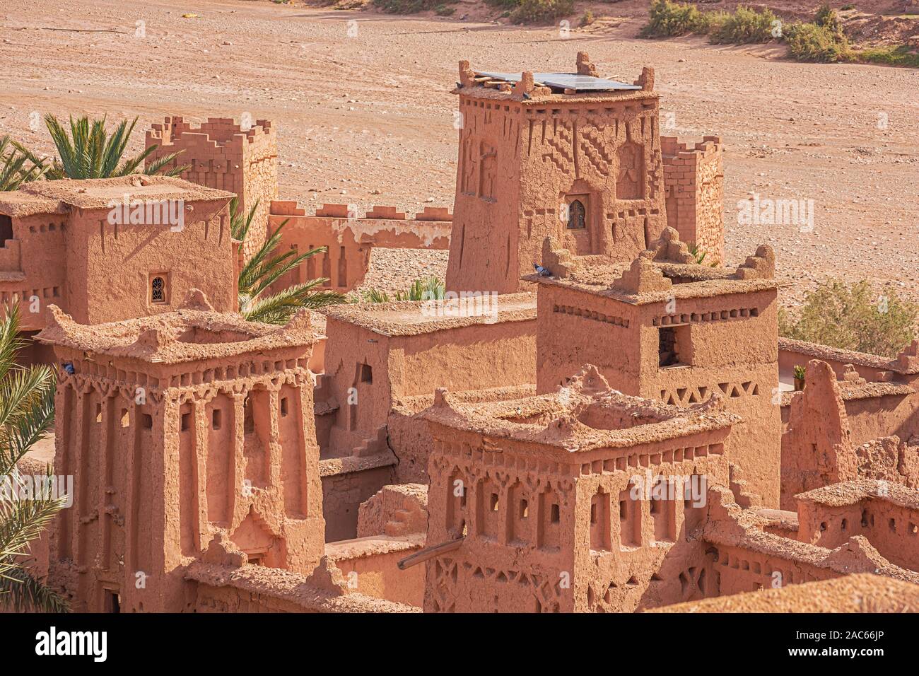 Close view of the fortified towers in adobe from inside the ksar of Ait ...