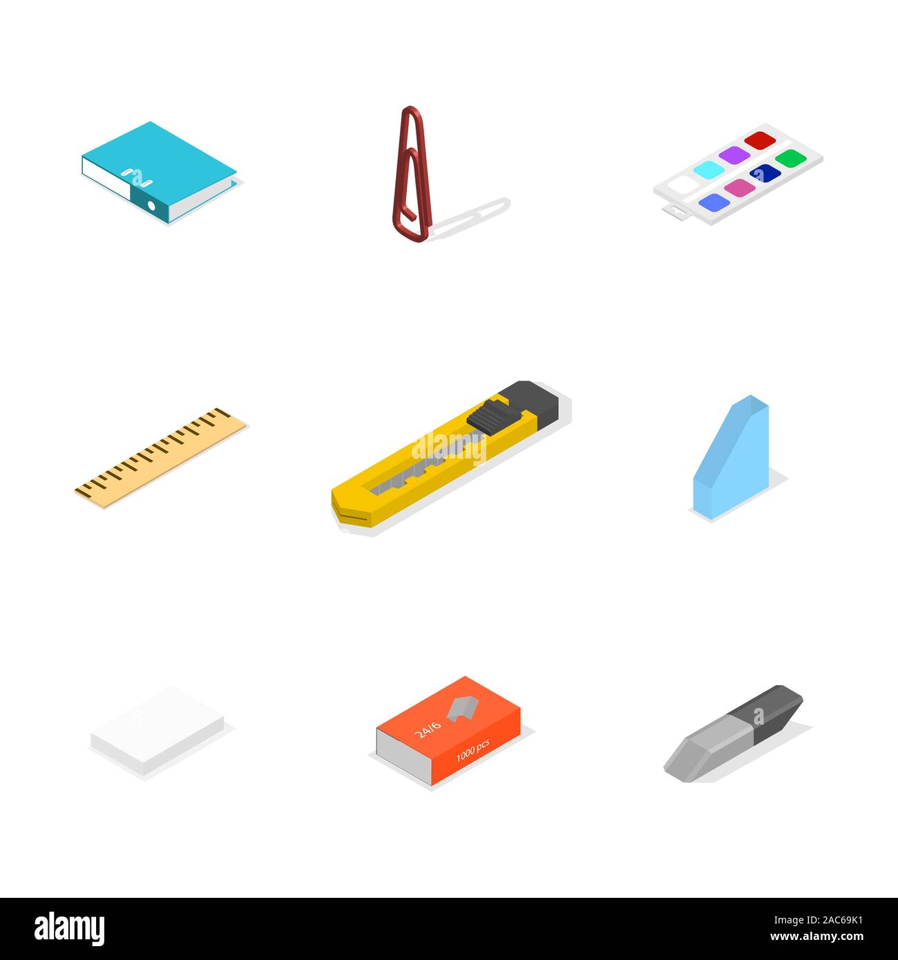 Set of icons isolated on white background, office and school. Flat 3d ...