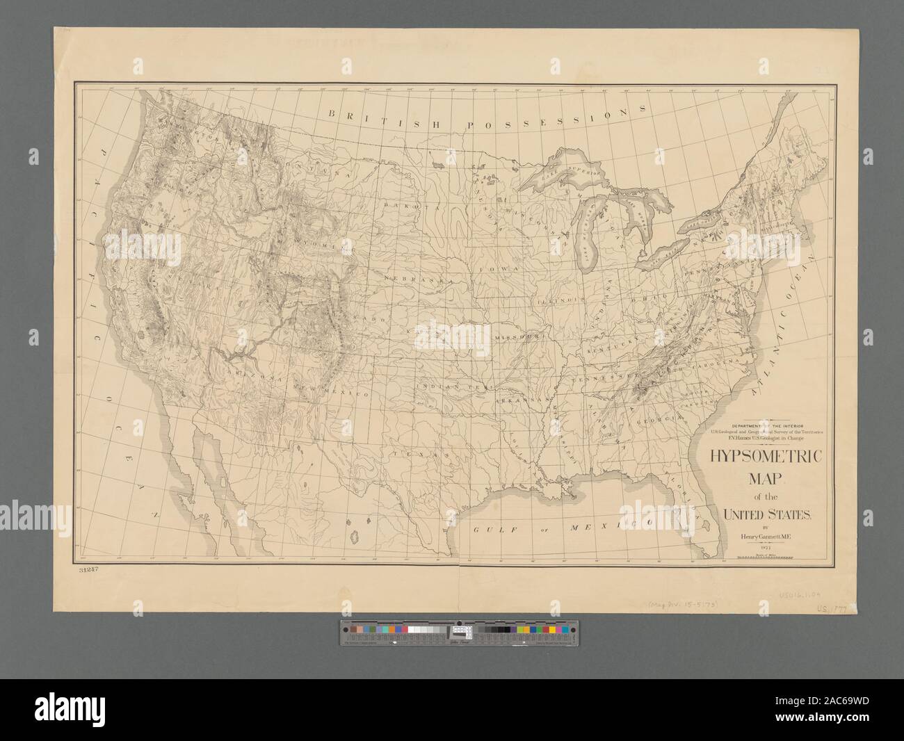 Hypsometric map of the United States Relief shown by contours. Shows ...