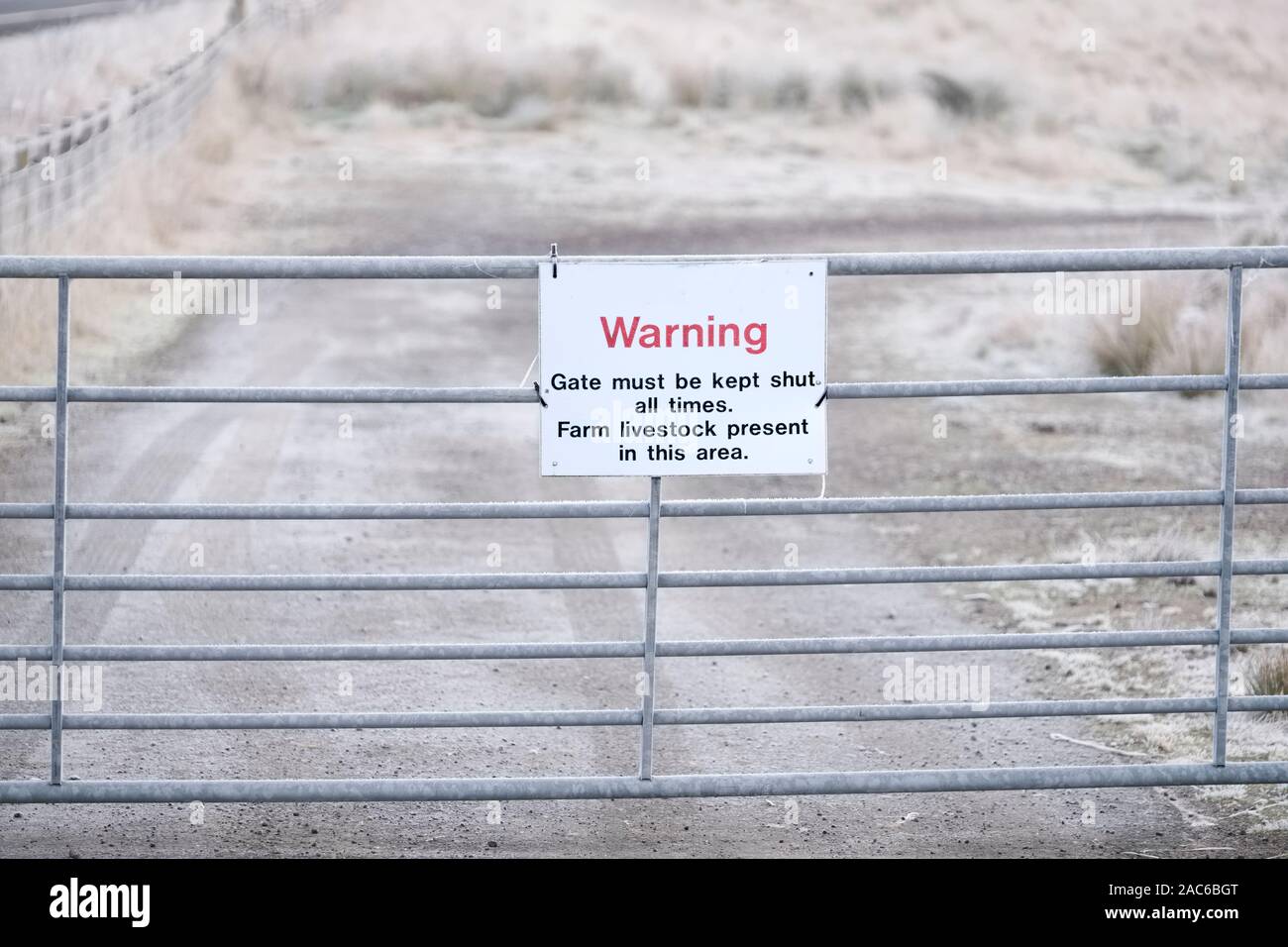 Farm livestock in area warning sign keep gate shut at farm Stock Photo ...