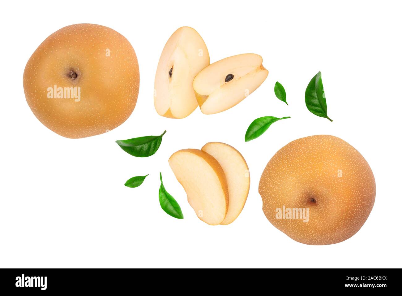 Fresh asian pear with leaves isolated on white background. Top view ...