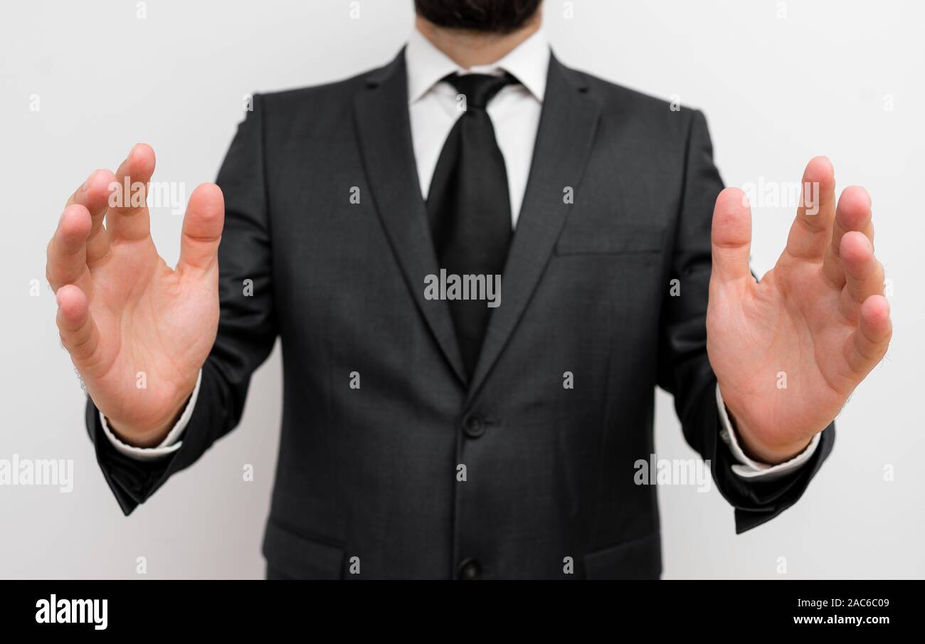 Male human with beard wear formal working suit clothes raising one hand ...