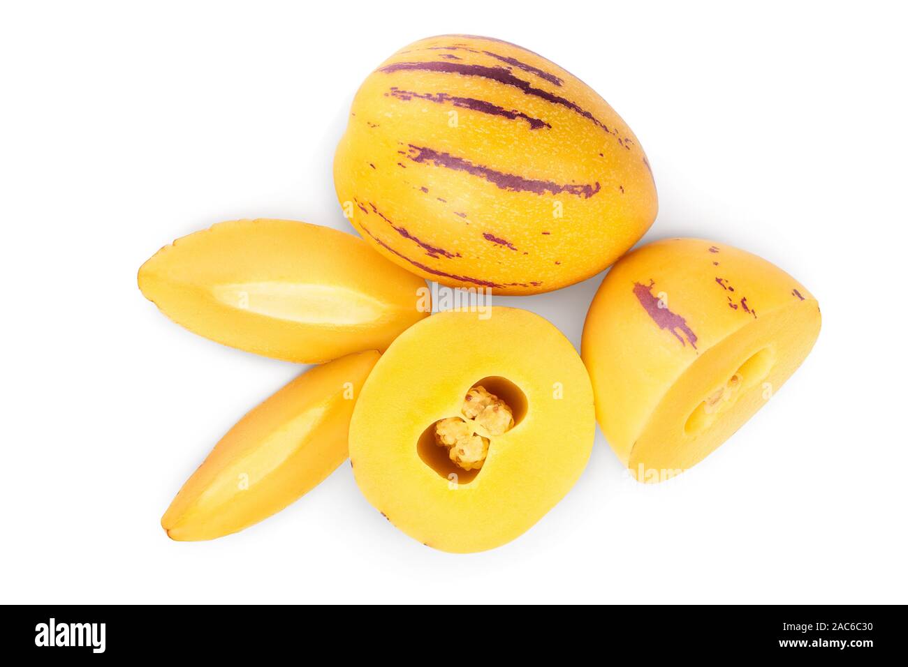 Fresh Pepino fruit isolated on white background. Top view, flat lay ...