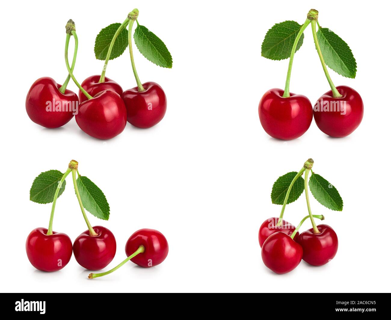 Set of cherries with leaf and cut closeup isolated on white background ...