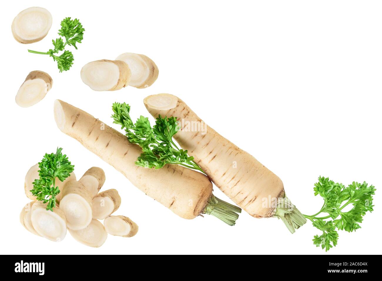 Parsley root with slices and leaves isolated on white background. Top ...