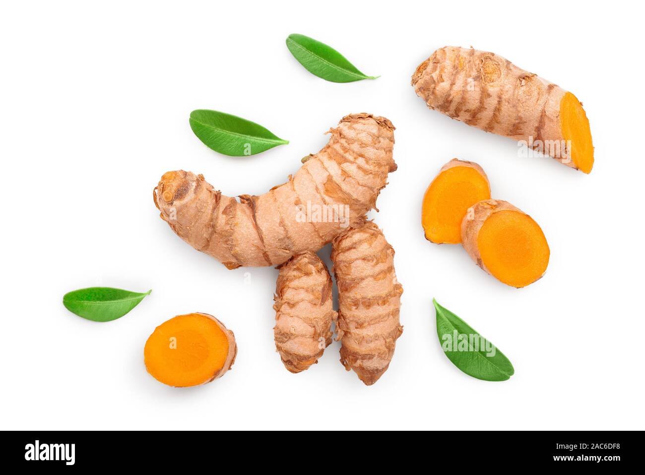 turmeric root and slices isolated on white background. Top view. Flat ...