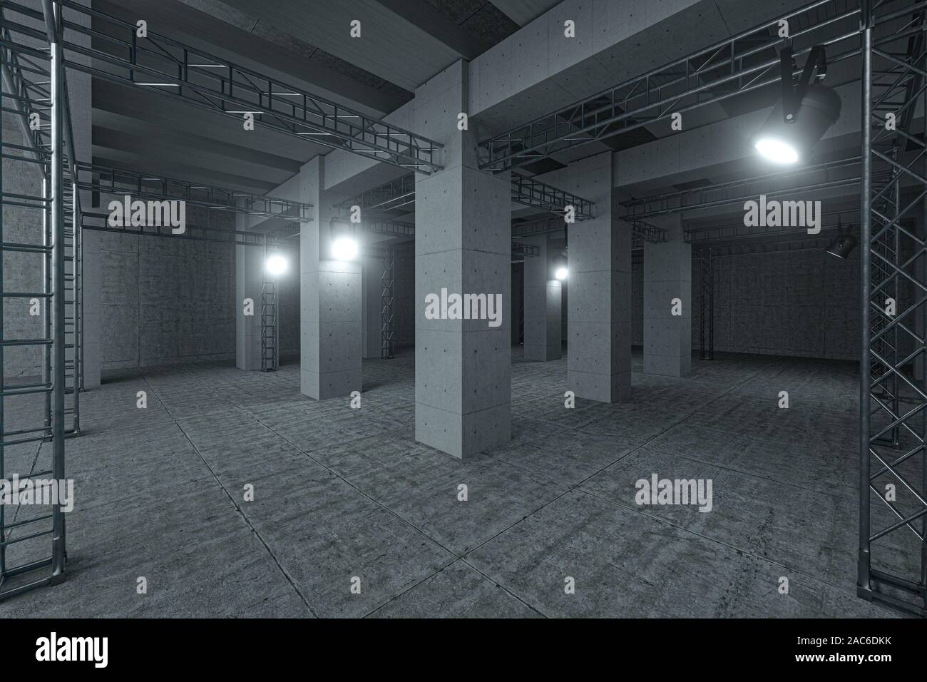 Cement and reinforcement with projectors, 3d rendering. Computer ...