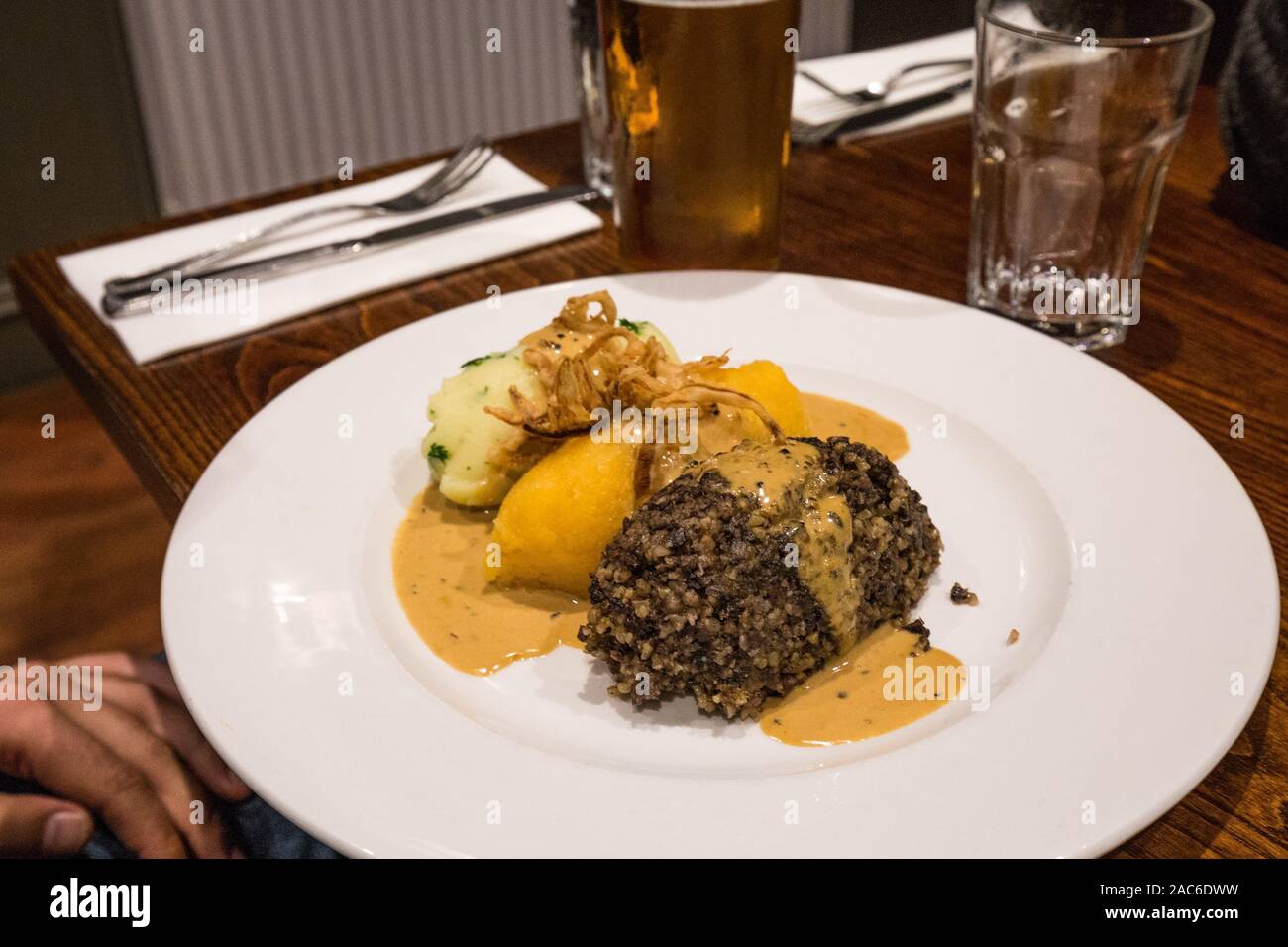 Very delicious dinner in scottish restaurant, on a plate potato with ...