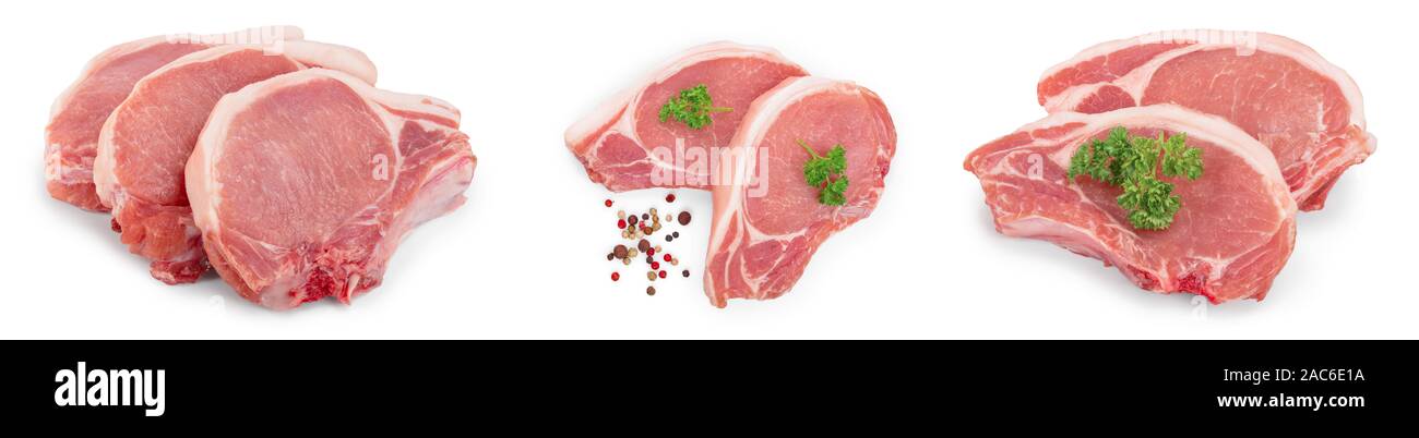 sliced raw pork meat isolated on white background. Top view. Flat lay ...