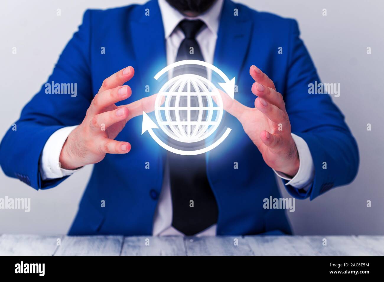Male human wear formal work suit presenting presentation using smart ...