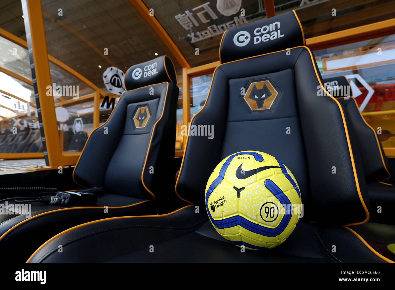 A general view of a Nike match ball in a dugout at Molineux ...