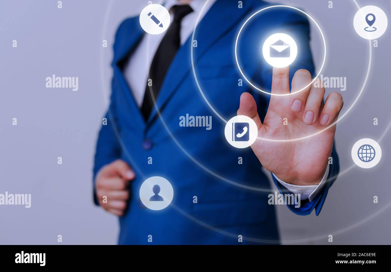 Male human wear formal work suit presenting presentation using smart ...