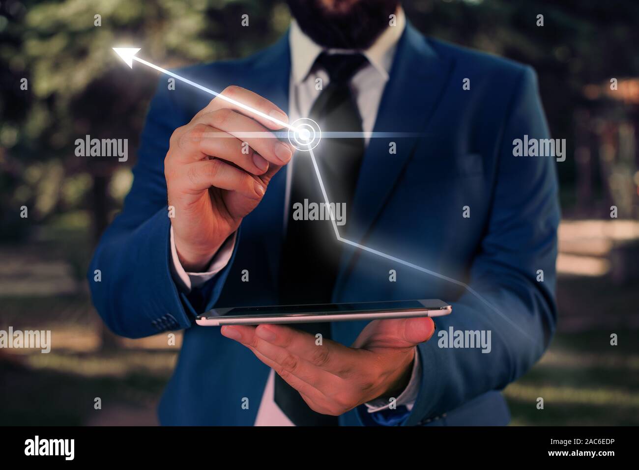 Male human wear formal work suit presenting presentation using smart ...