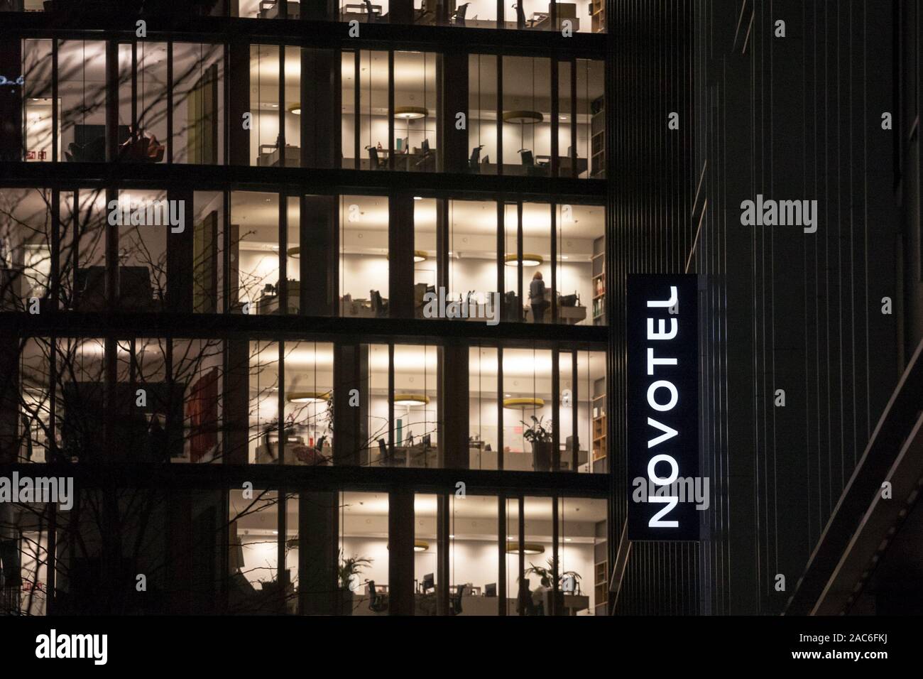 VIENNA, AUSTRIA - NOVEMBER 6, 2019: Novotel logo on their main hotel ...