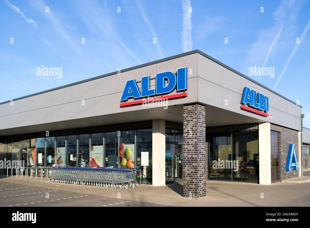 Aldi branch (north division) in Cuxhaven, Germany. Aldi is a leading ...
