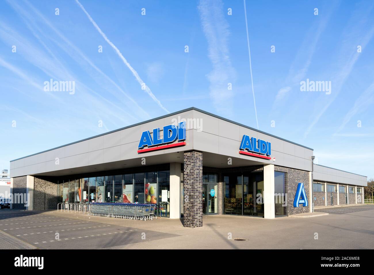 Aldi branch (north division) in Cuxhaven, Germany. Aldi is a leading ...